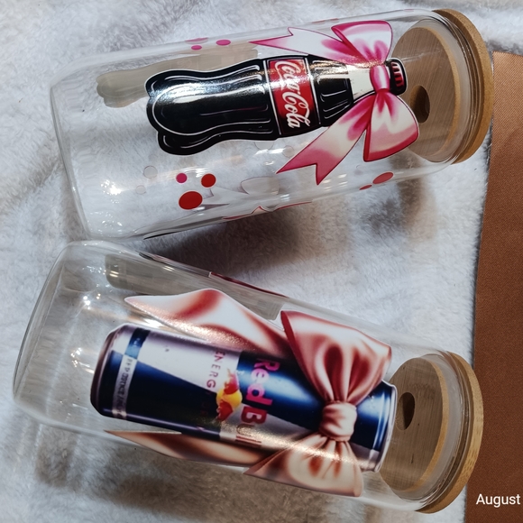 Kitchen | Cocacola And Red Bull Glass Tumblers With Pink Bows | Poshmark